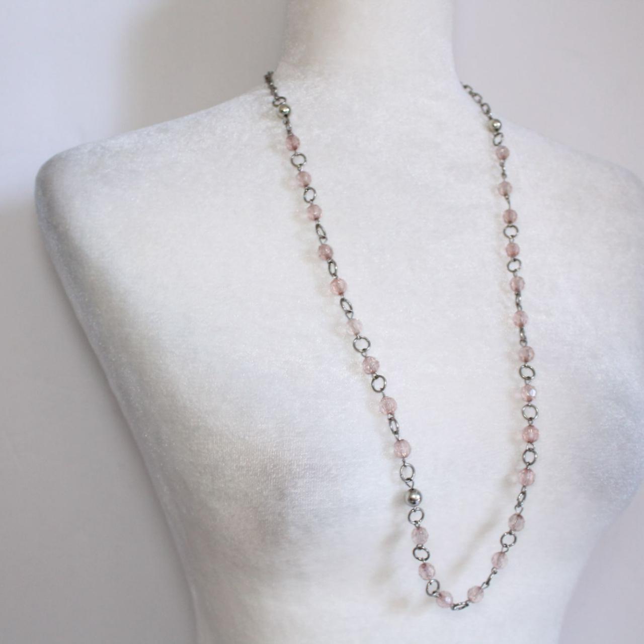 Pink Beaded Silver Chain Link Necklace Excellent... - Depop