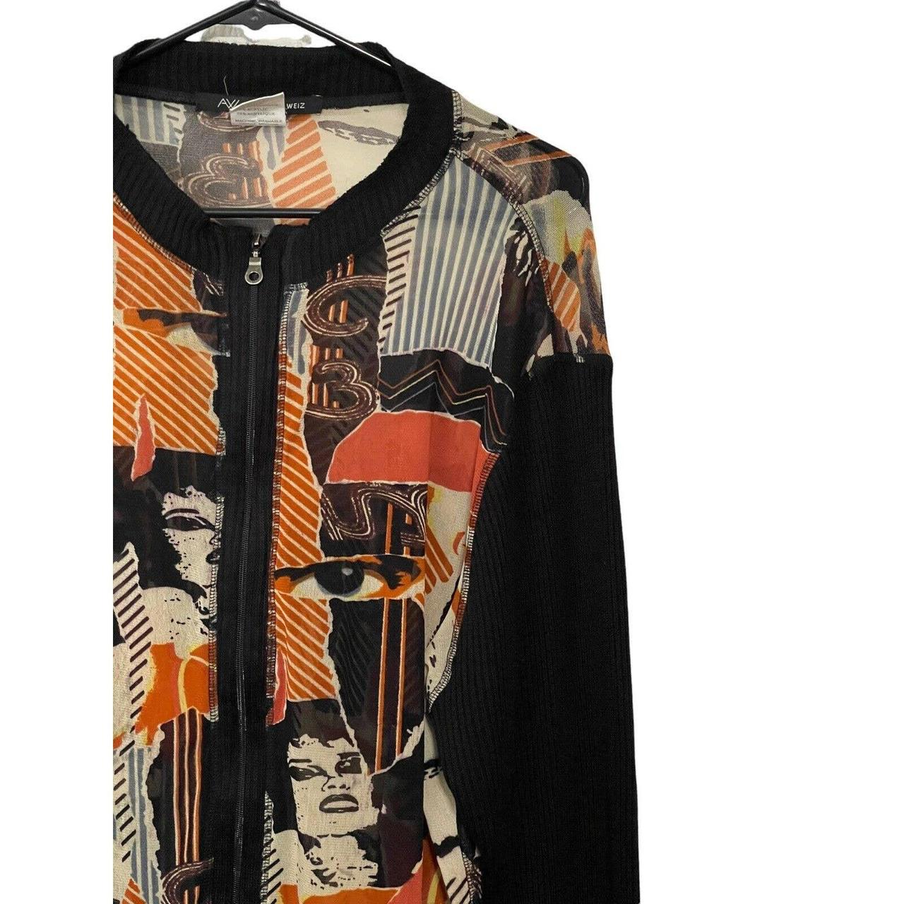 Alain Weiz Black Sheer Zip Front Graphic Knit Sleeve... - Depop