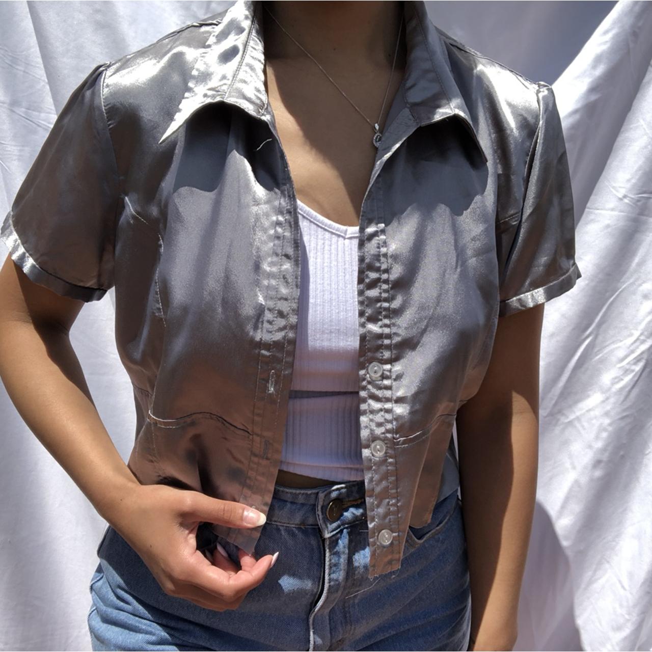 Sickest dainty vintage Y2K metallic silver button up... - Depop