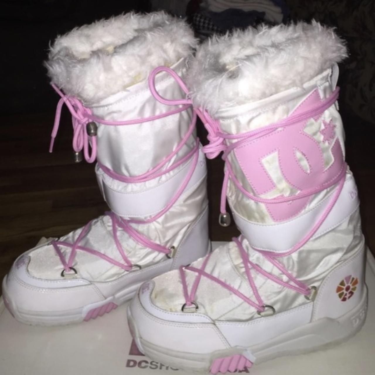 Pink white used dc snow winter boots faux fur... - Depop