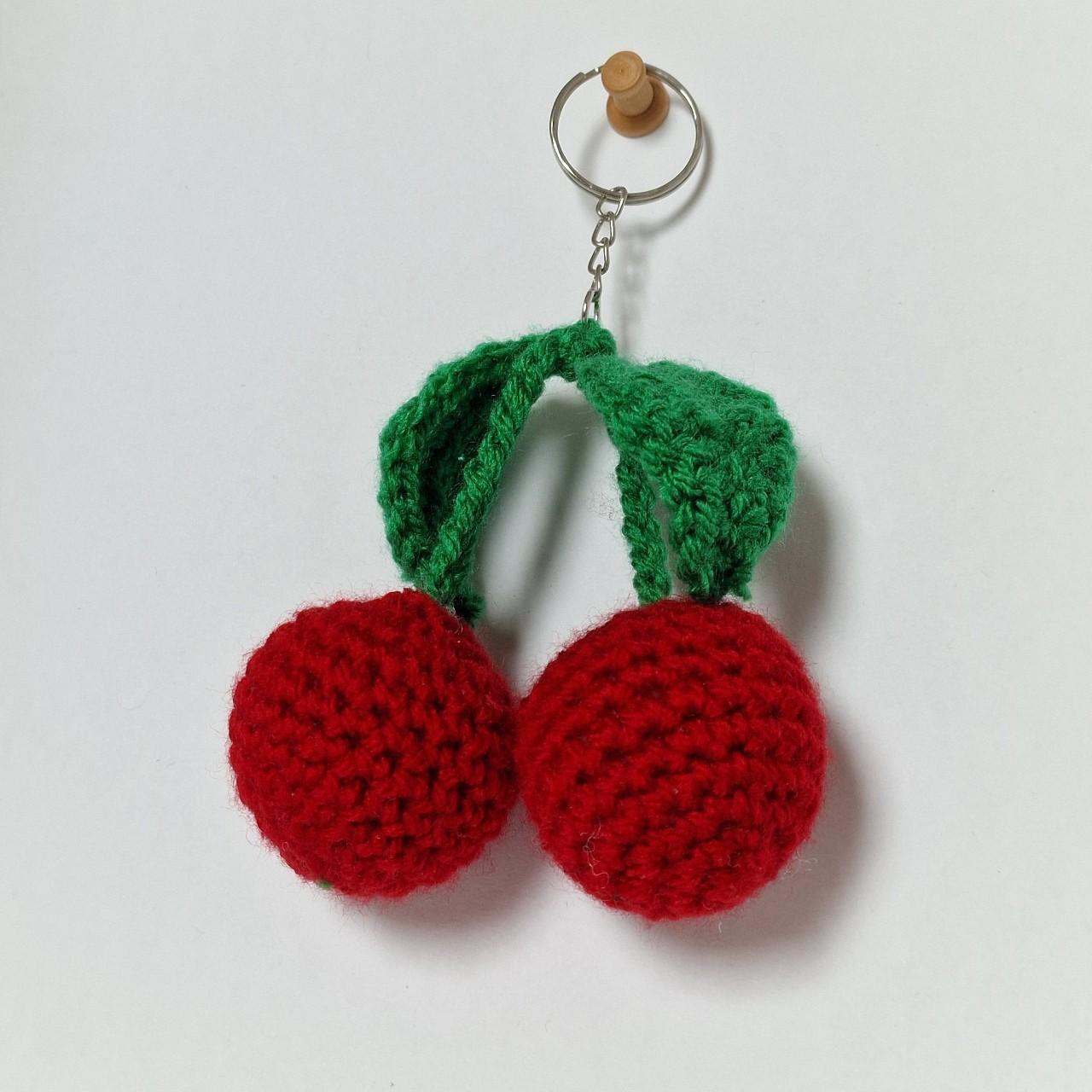 Handmade red cherry keychain🍒 Double knitting yarn,... - Depop