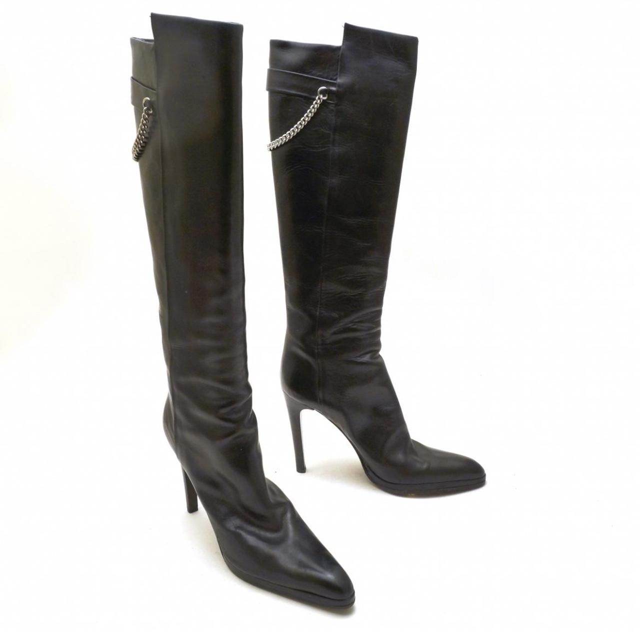 Helmut Lang black leather pointed boots with chain.... - Depop