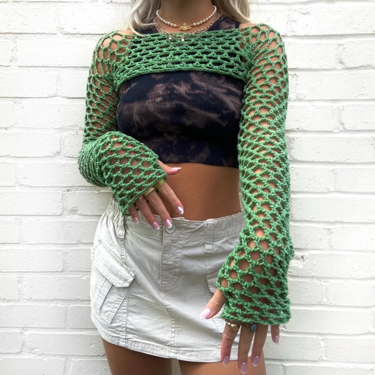 Crochet shrug fishnet sleeves arm warmers Cropped,... - Depop