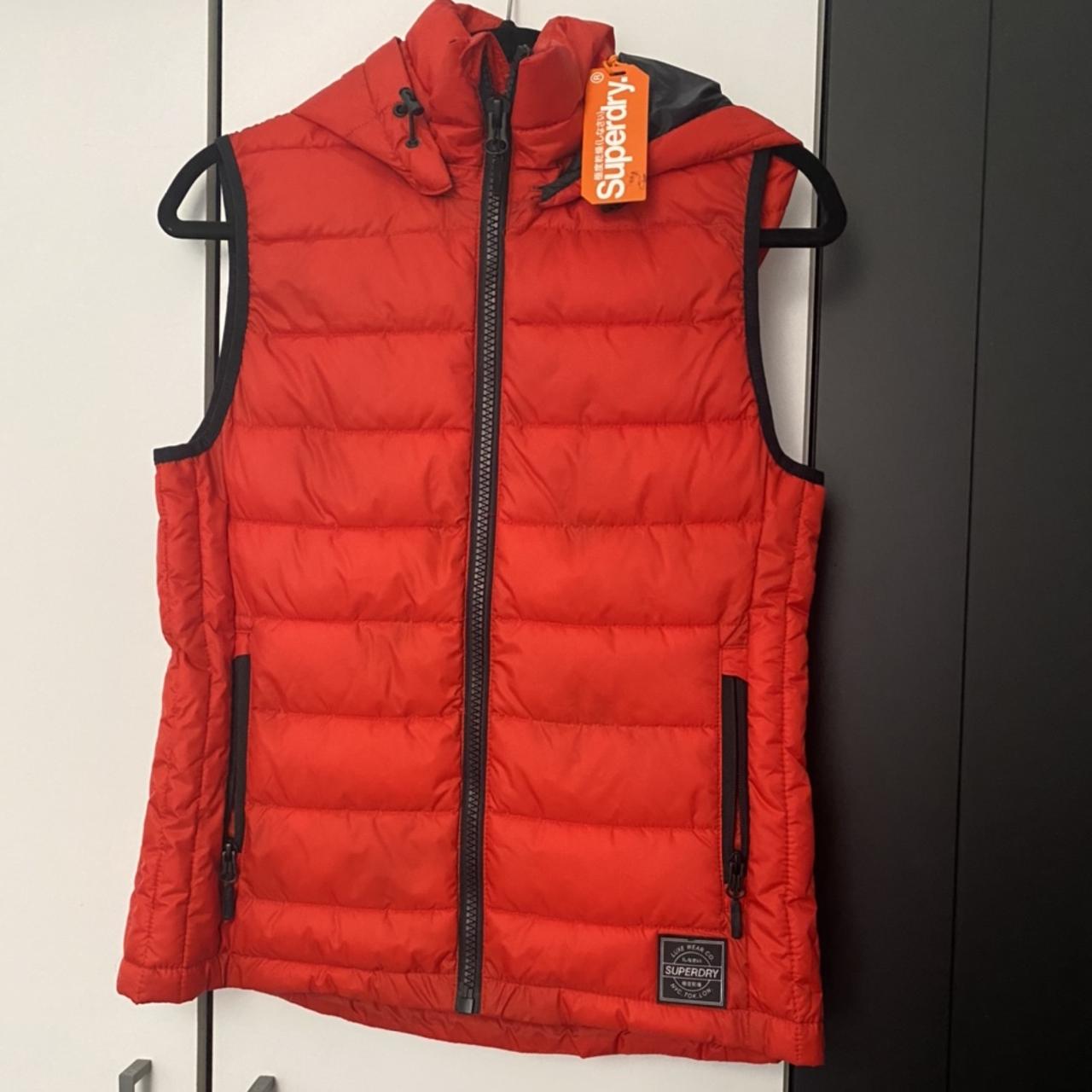 Super dry bright red vest jacket -retail... - Depop