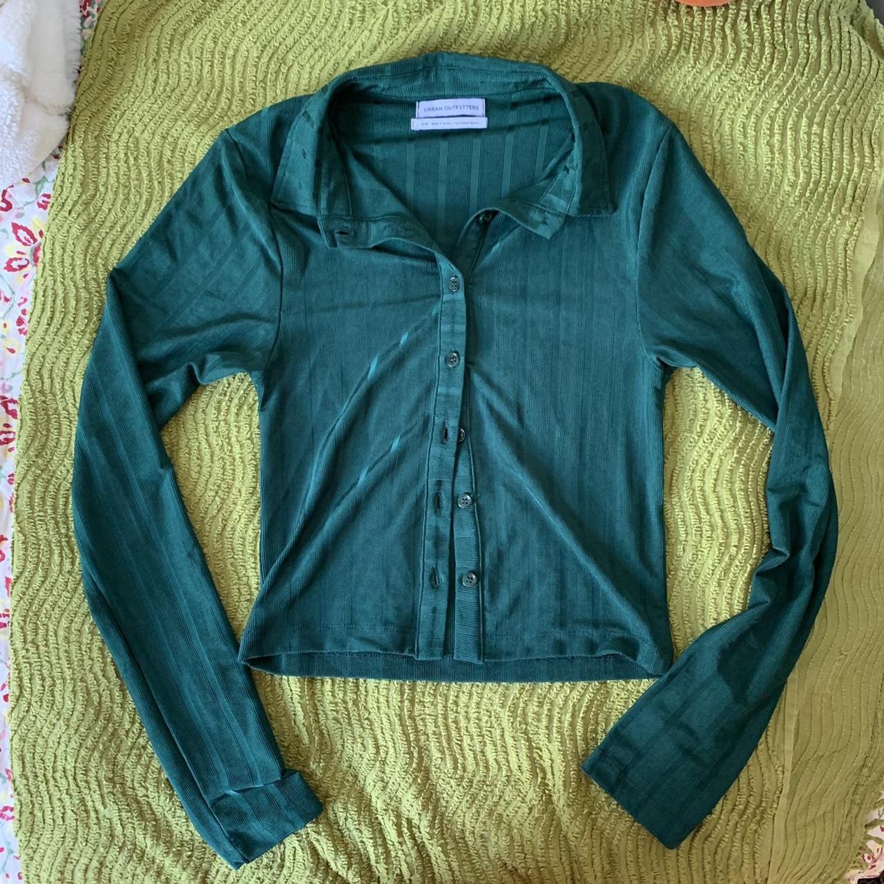 urban outfitters green fitted stretchy button up top... - Depop