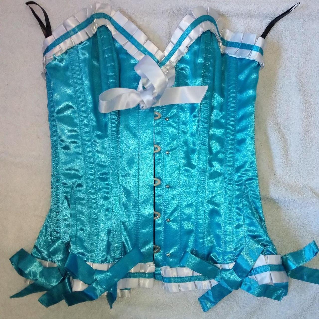 Light blue satin corset with white ribbon front tie... - Depop