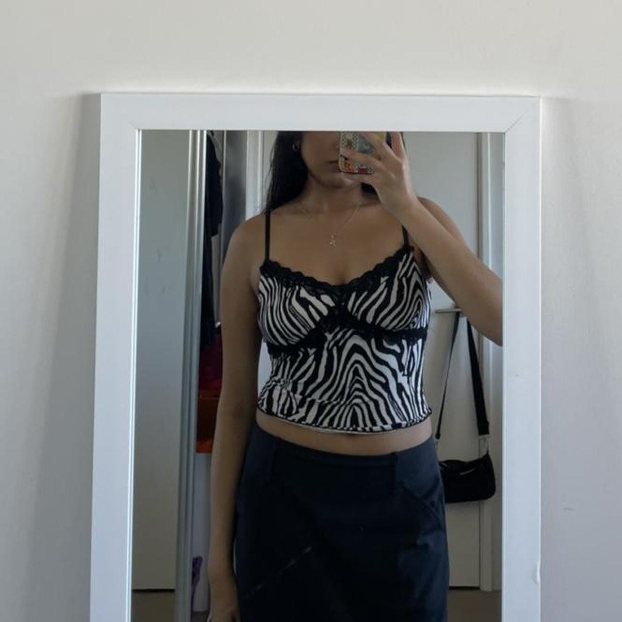 zebra print cami top with black lacing size:... - Depop