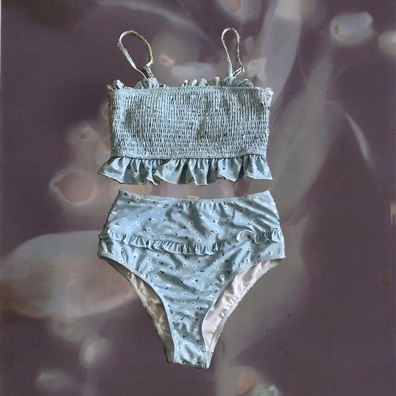 super cute light blue floral swim set. high waisted... - Depop