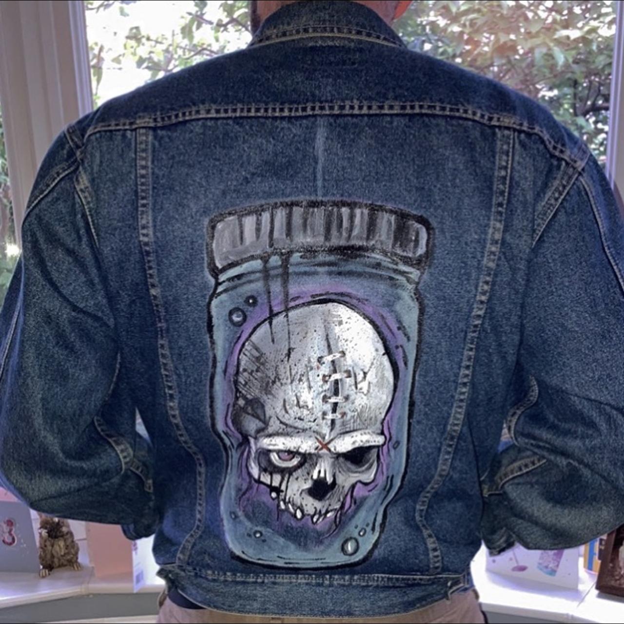 Hand painted denim jacket men’s medium Message first - Depop