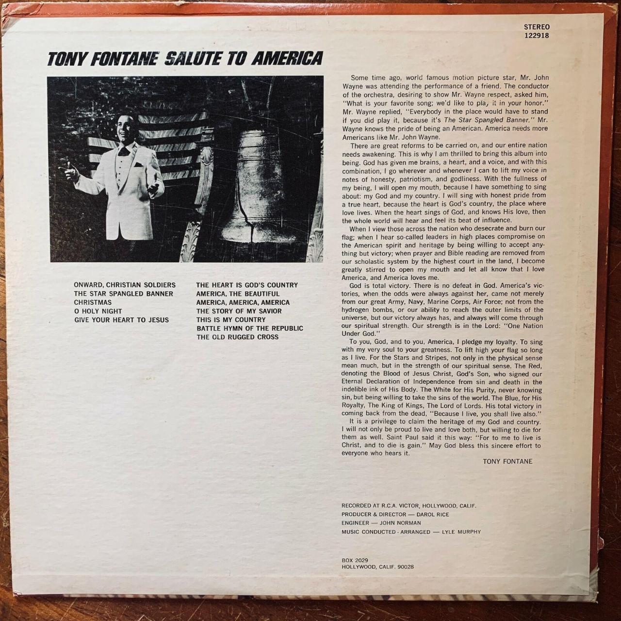 TONY FONTANE SALUTE TO AMERICA VINYL LP FIRE RECORDS... - Depop