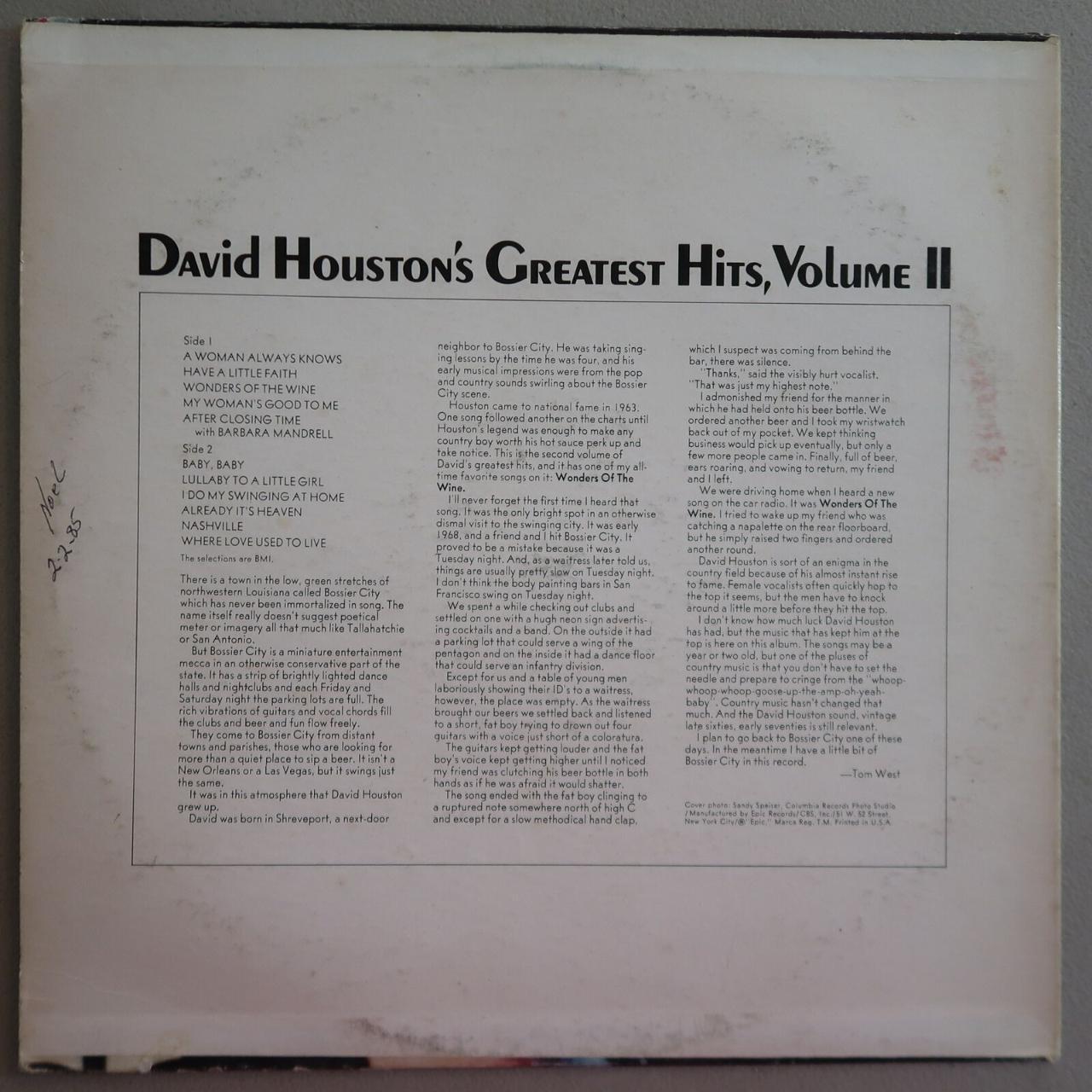 DAVID HOUSTON GREATEST HITS VOLUME II VINYL LP... - Depop