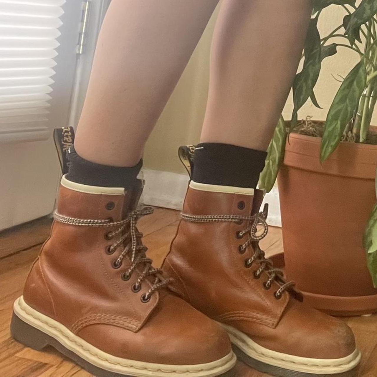 Doc Martens 1460 tan leather with white trim size EU... - Depop