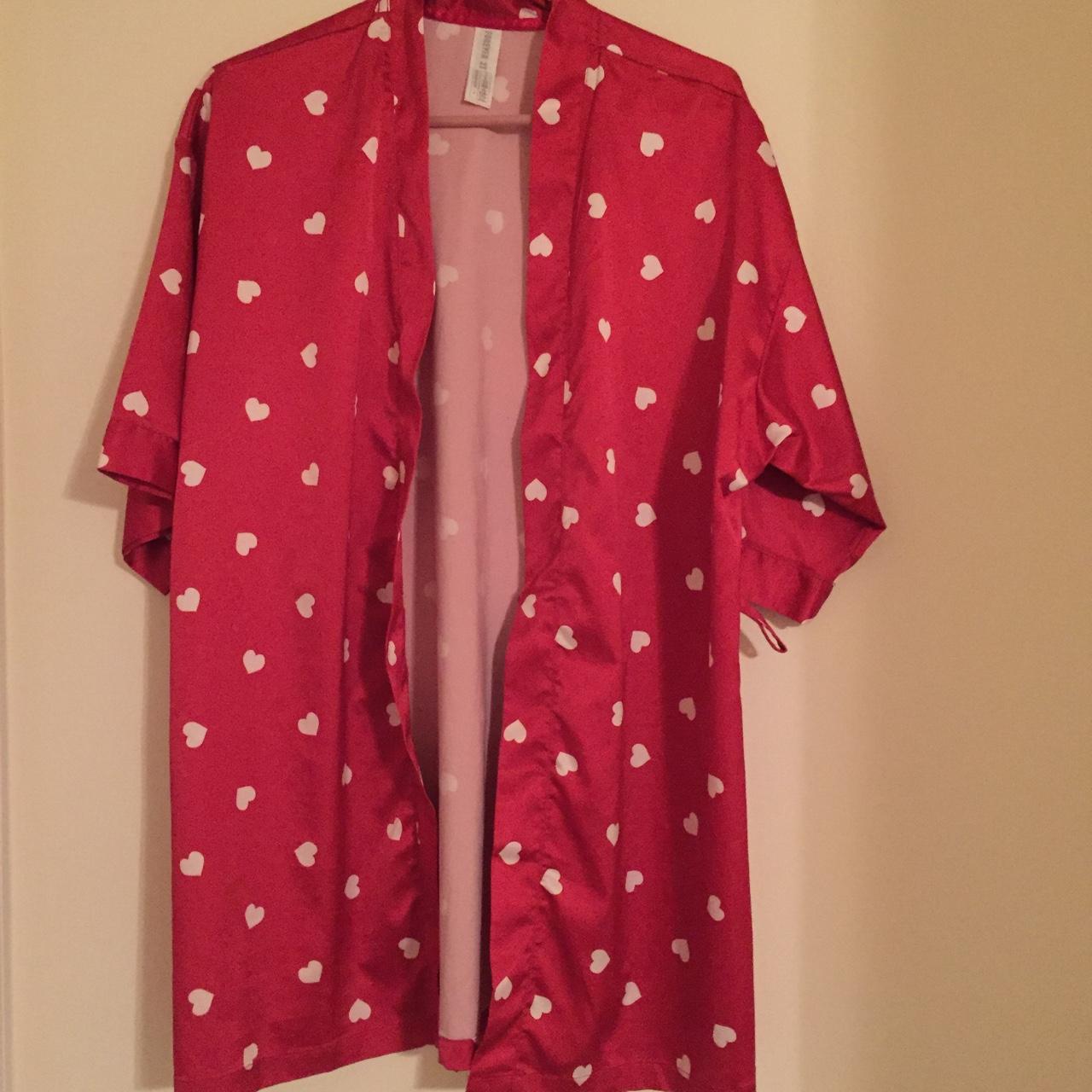 Red robe with white hearts faux silk robe from f21.... - Depop