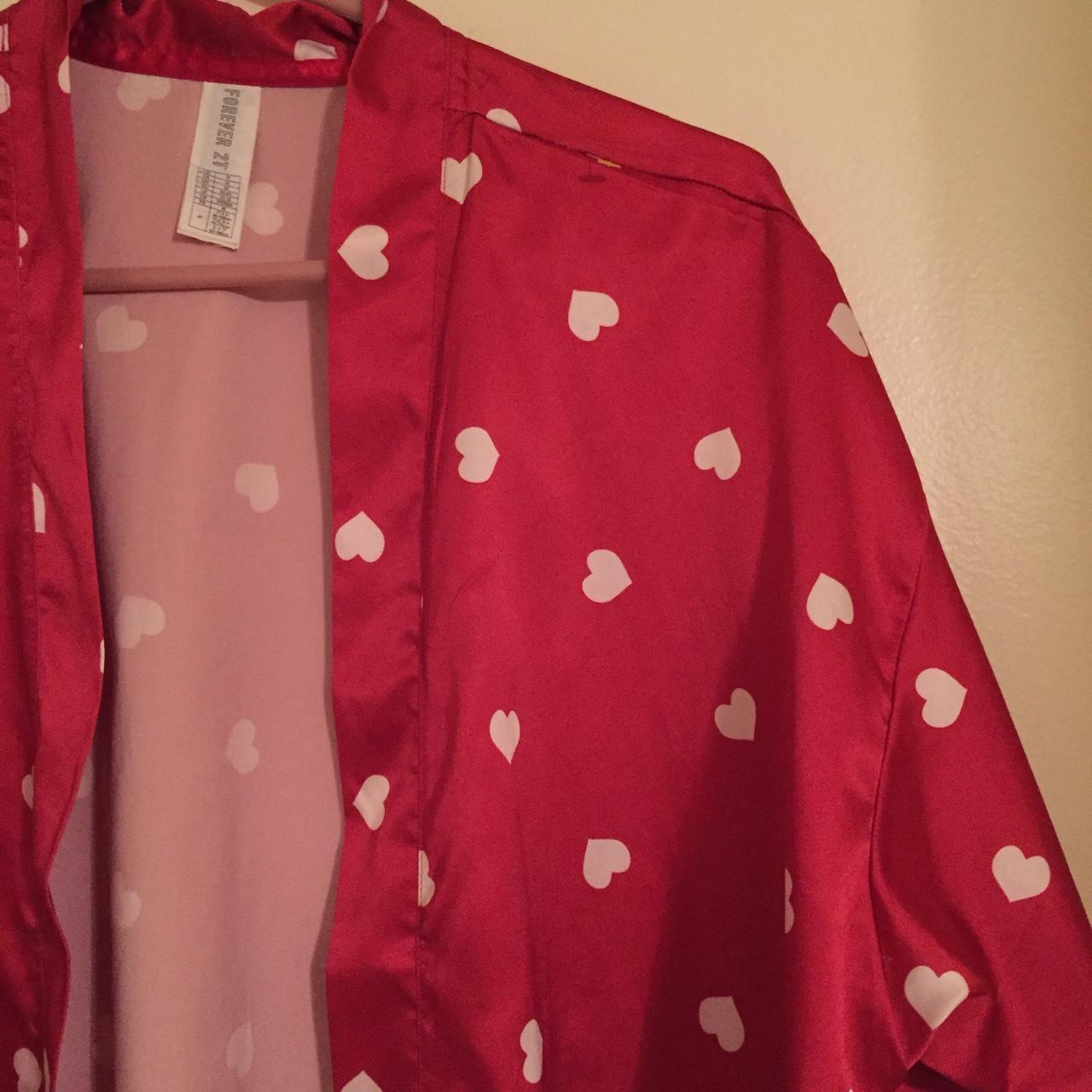 Red robe with white hearts faux silk robe from f21.... - Depop