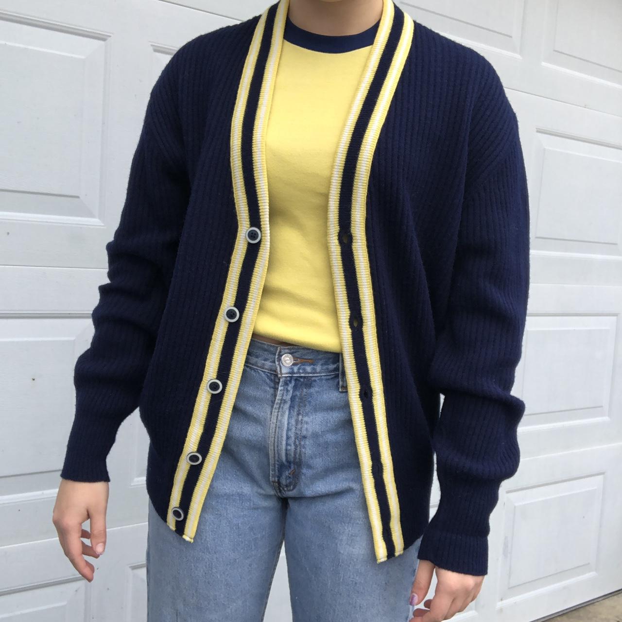 Cute vintage navy blue cardigan with white and... - Depop