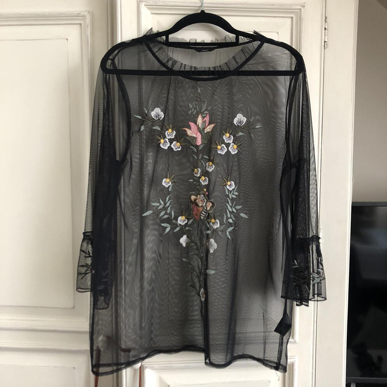 mesh top with embroidered flowers and cuffed 3/4... - Depop