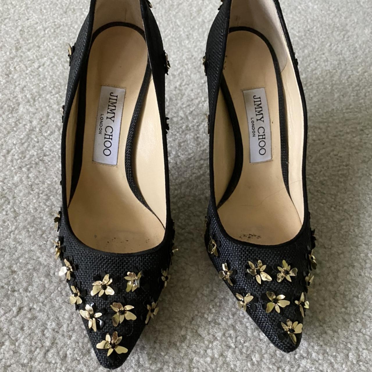 Jimmy Choos in Romy black with 3D gold flowers, only... - Depop