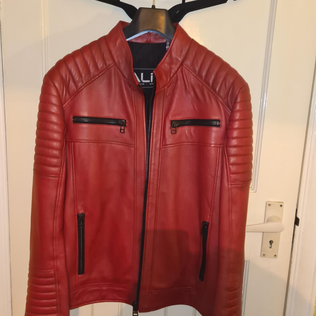 Mens Red Leather Jacket, Size XL but fits like a... - Depop