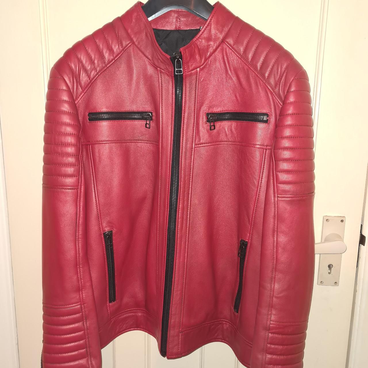 Mens Red Leather Jacket, Size XL but fits like a... - Depop