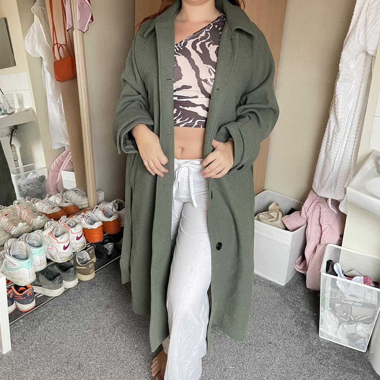 Weekday olive green wool long trench coat. Bought... - Depop