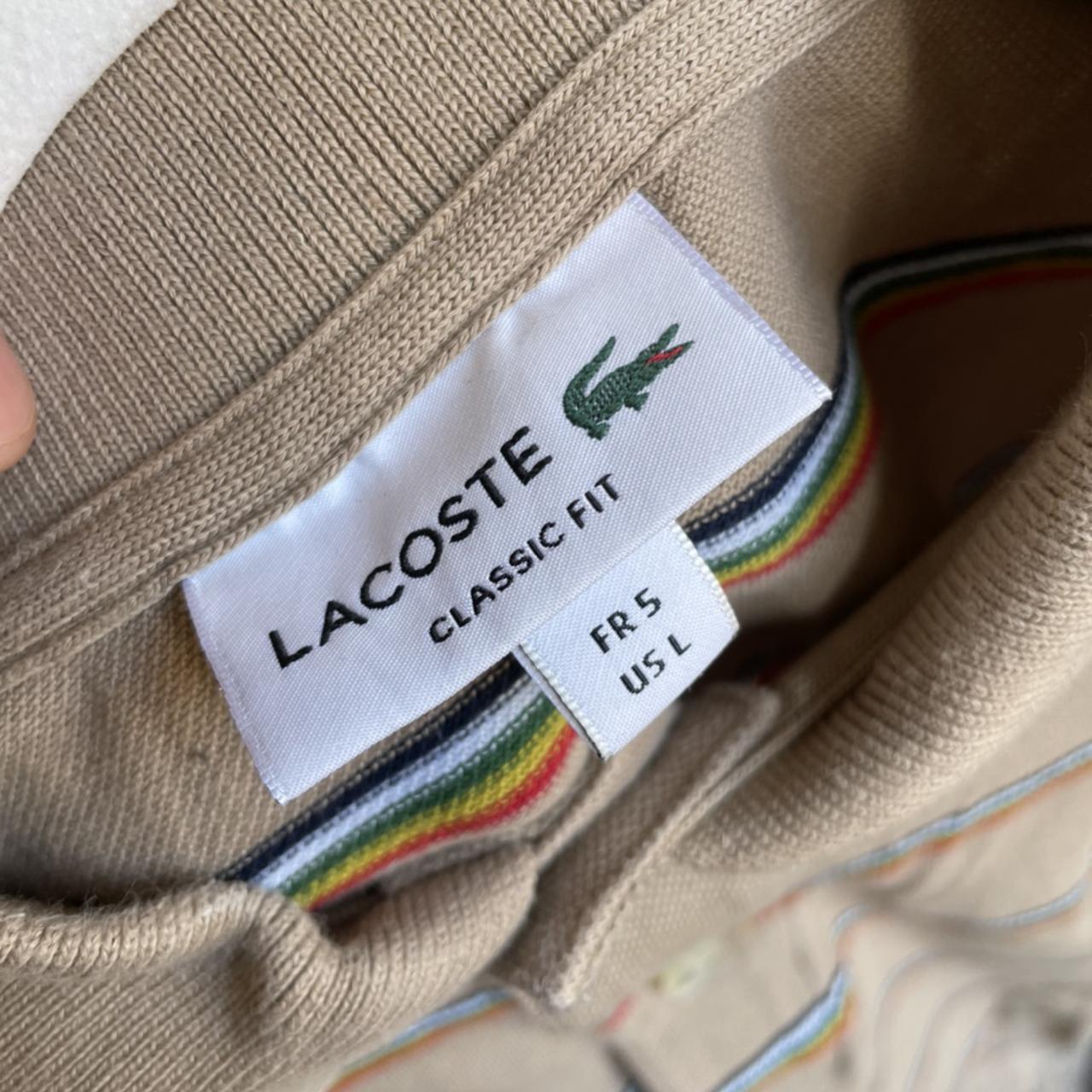 Light brown and rainbow striped Lacoste polo shirt,... - Depop