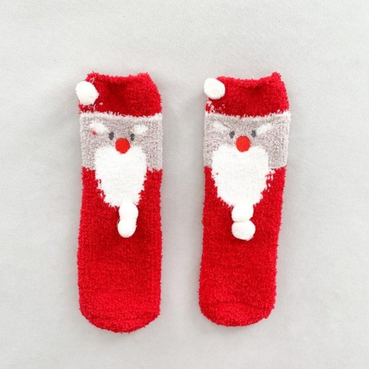 Santa Claus Christmas Fuzzy Socks with pom pom... - Depop