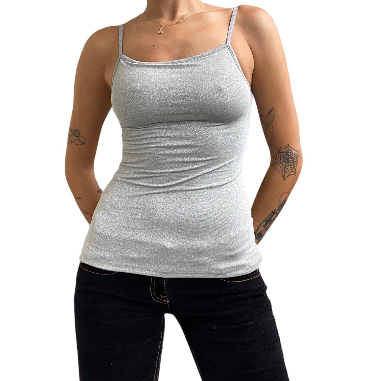 90s silver tank top with sparkle to the fabric... - Depop