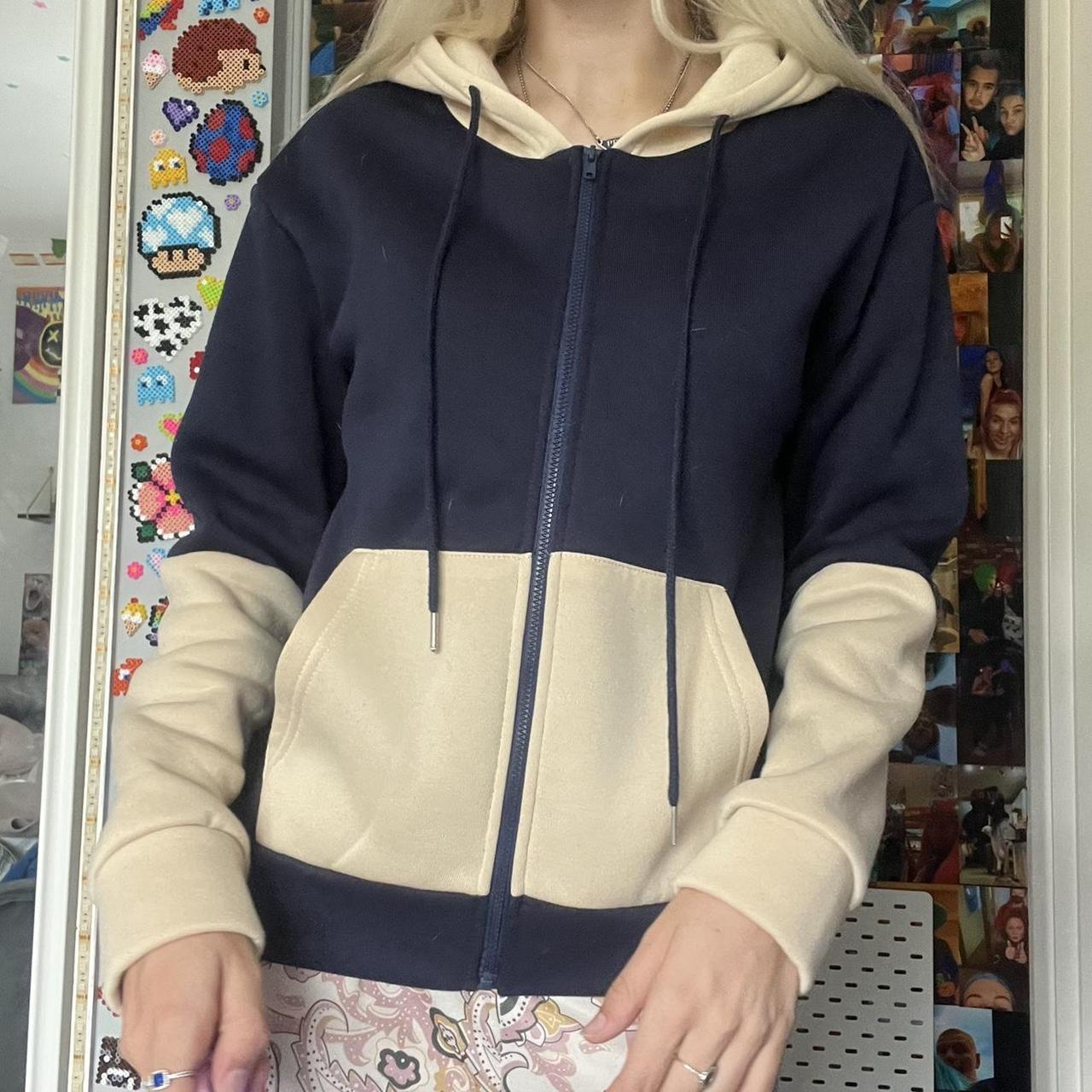 Navy and beige patch work jumper UK size:... - Depop