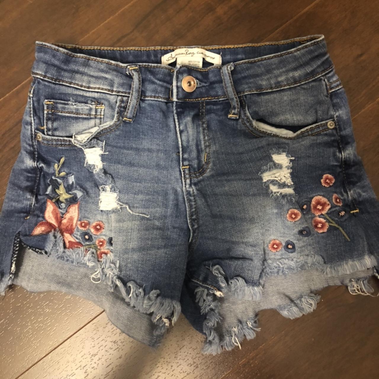 American Rag floral embroidered denim shorts Good... - Depop