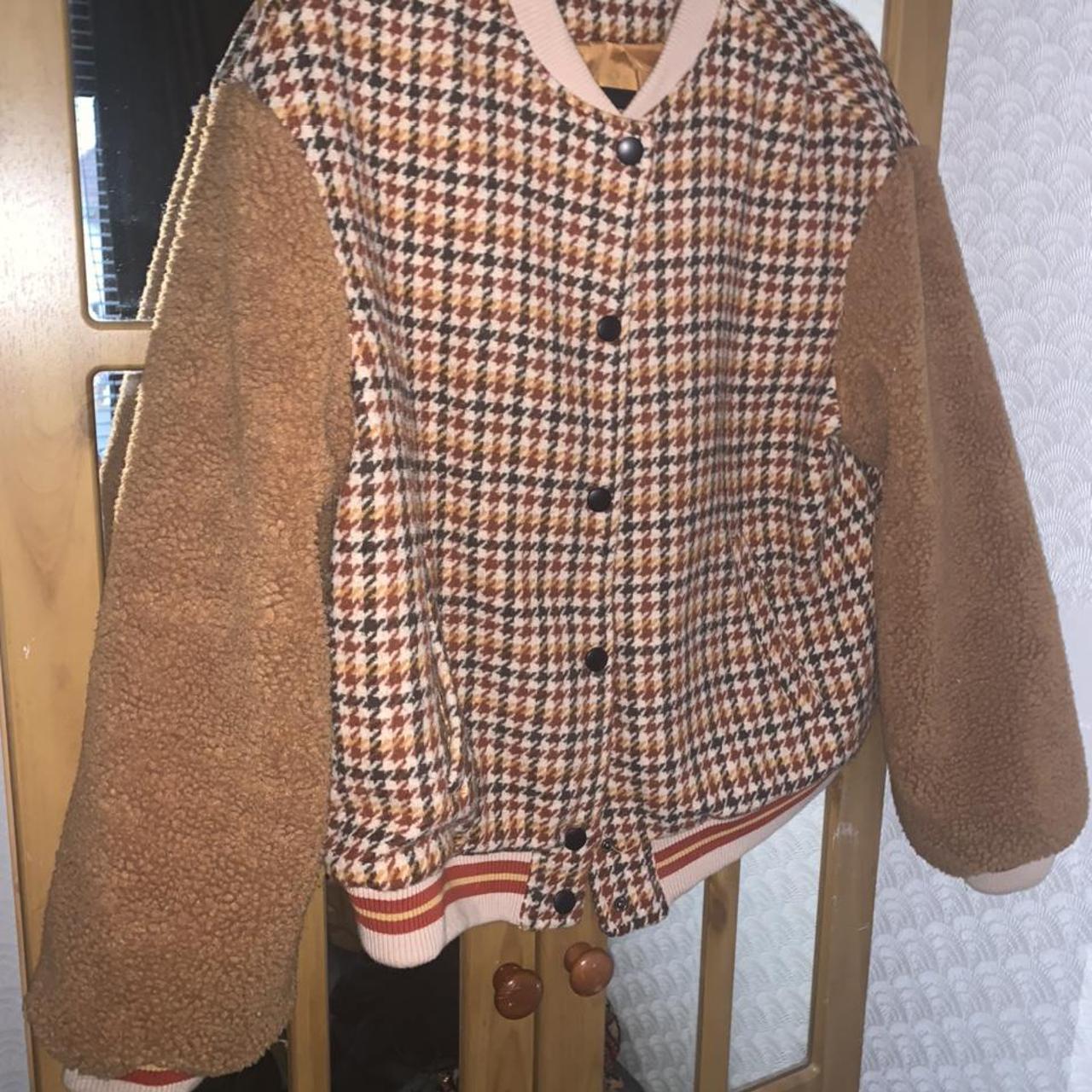 Brown Borg sleeve bomber jacket with check pattern... - Depop