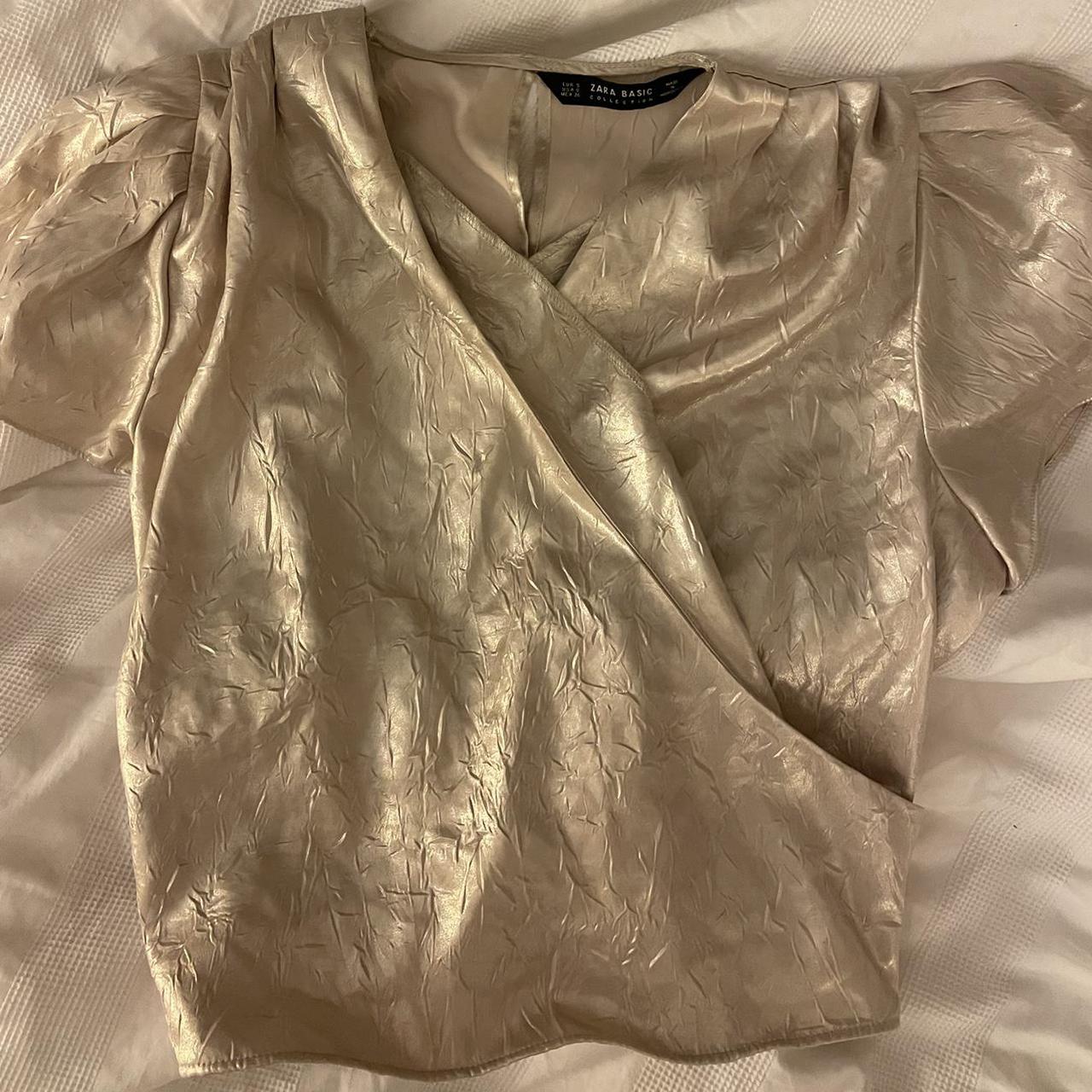 Beautiful gold floaty metallic zara wrap top with... - Depop
