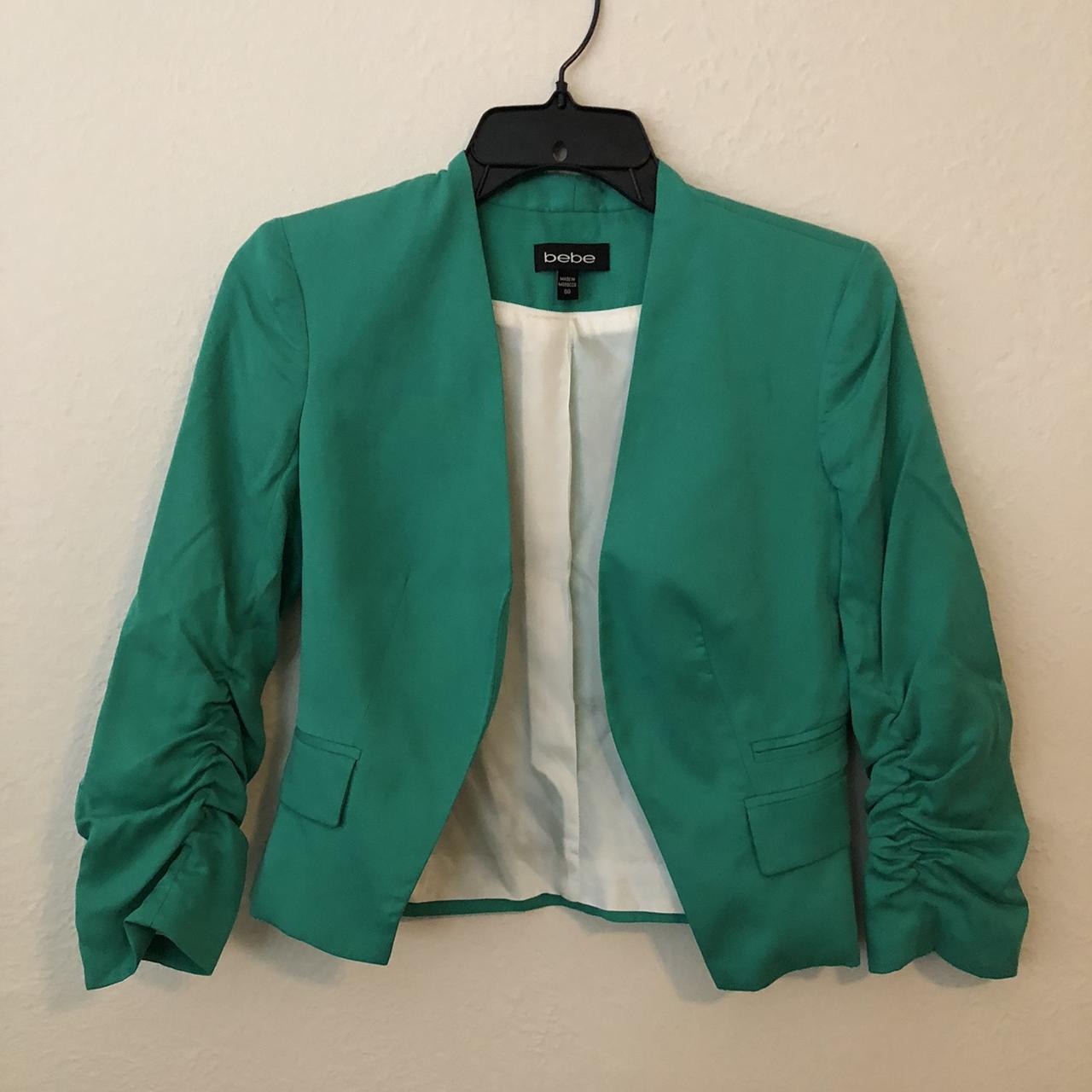 Green BEBE blazer with ruched 3/4 sleeves Size... - Depop