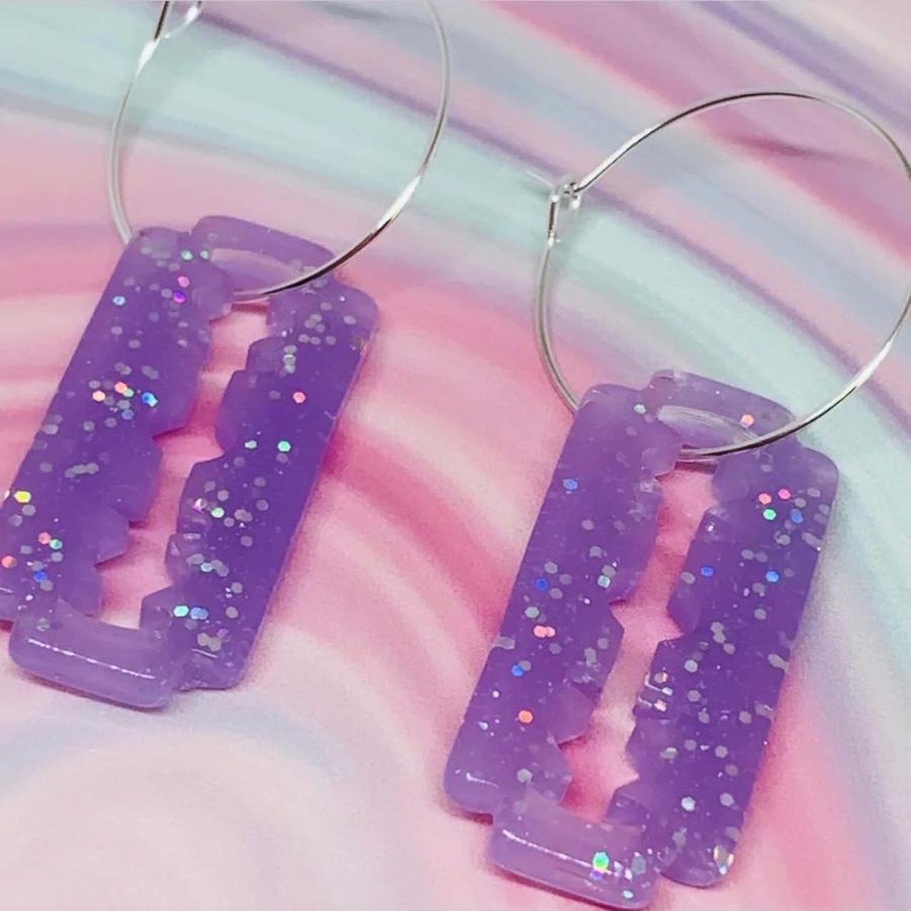 Lilac Glitter Resin Razor Blade Earrings Silver... - Depop