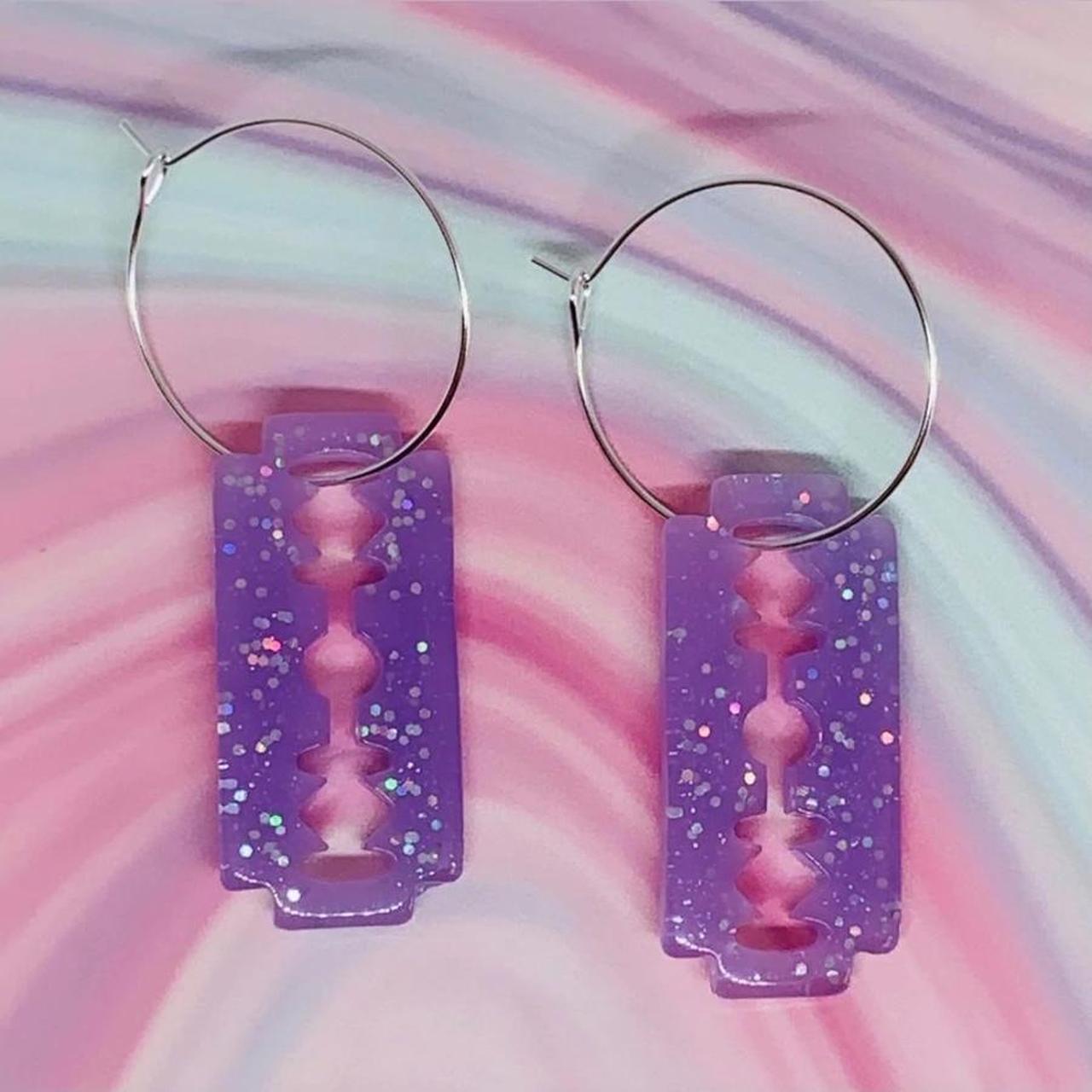 Lilac Glitter Resin Razor Blade Earrings Silver... - Depop