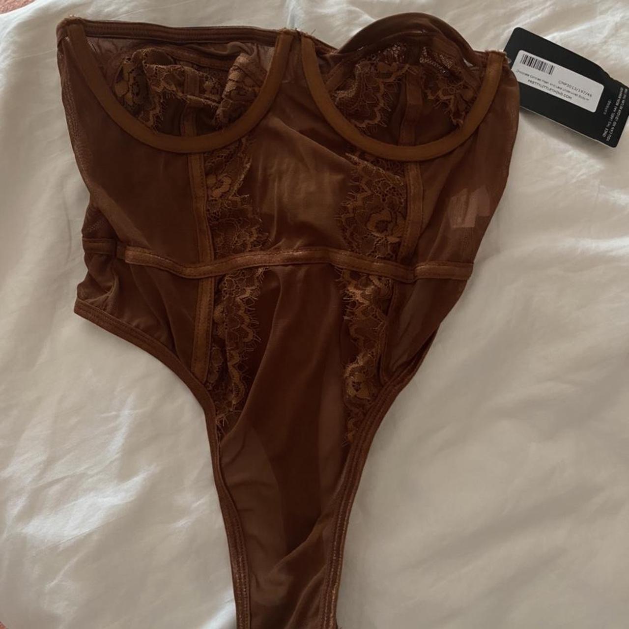 PrettyLittleThing brown lace bodysuit, size M never... - Depop