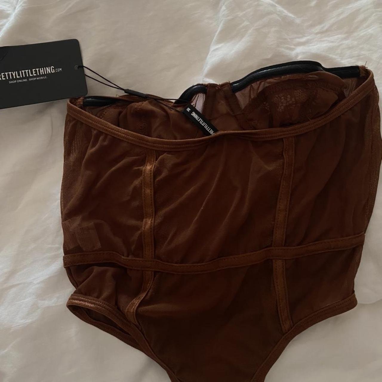 PrettyLittleThing brown lace bodysuit, size M never... - Depop