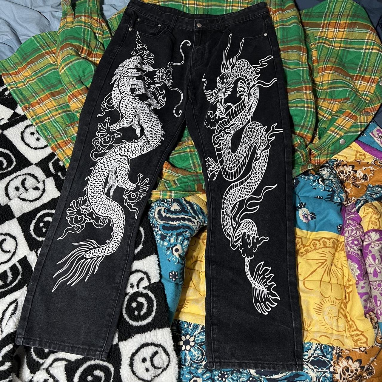 Shein Denim black dragon pants 🐉 Very comfortable... - Depop