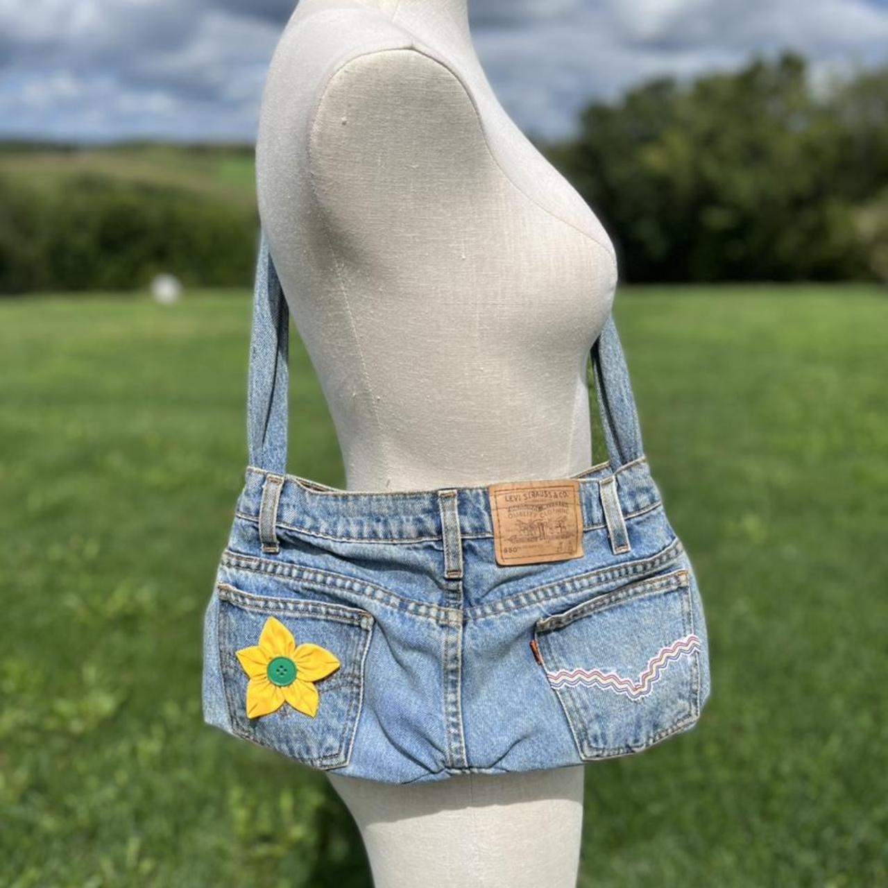 Unique Handmade Levi’s Purse with sewn flower ribbon... - Depop