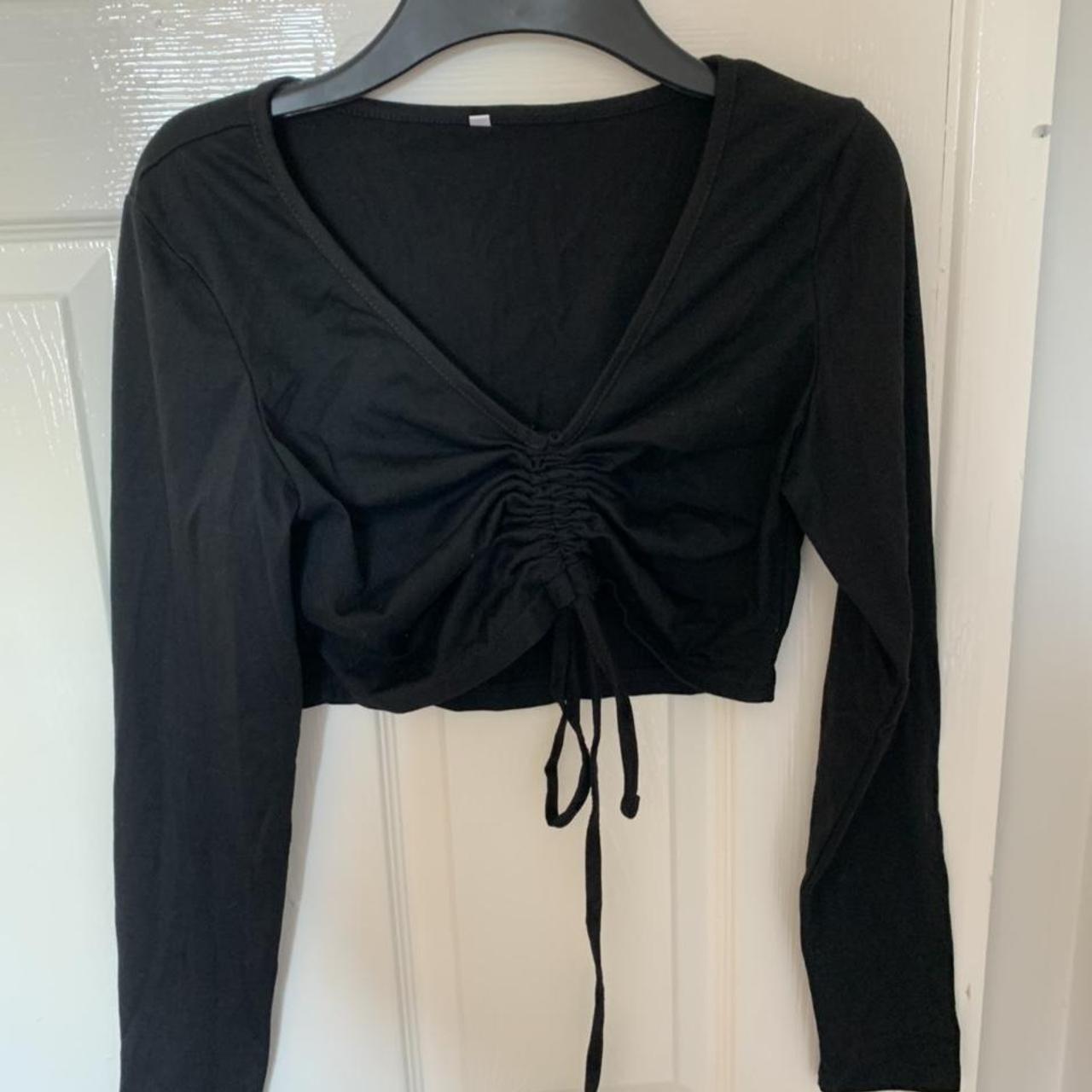 shein black long sleeved rouched top worn a couple... - Depop