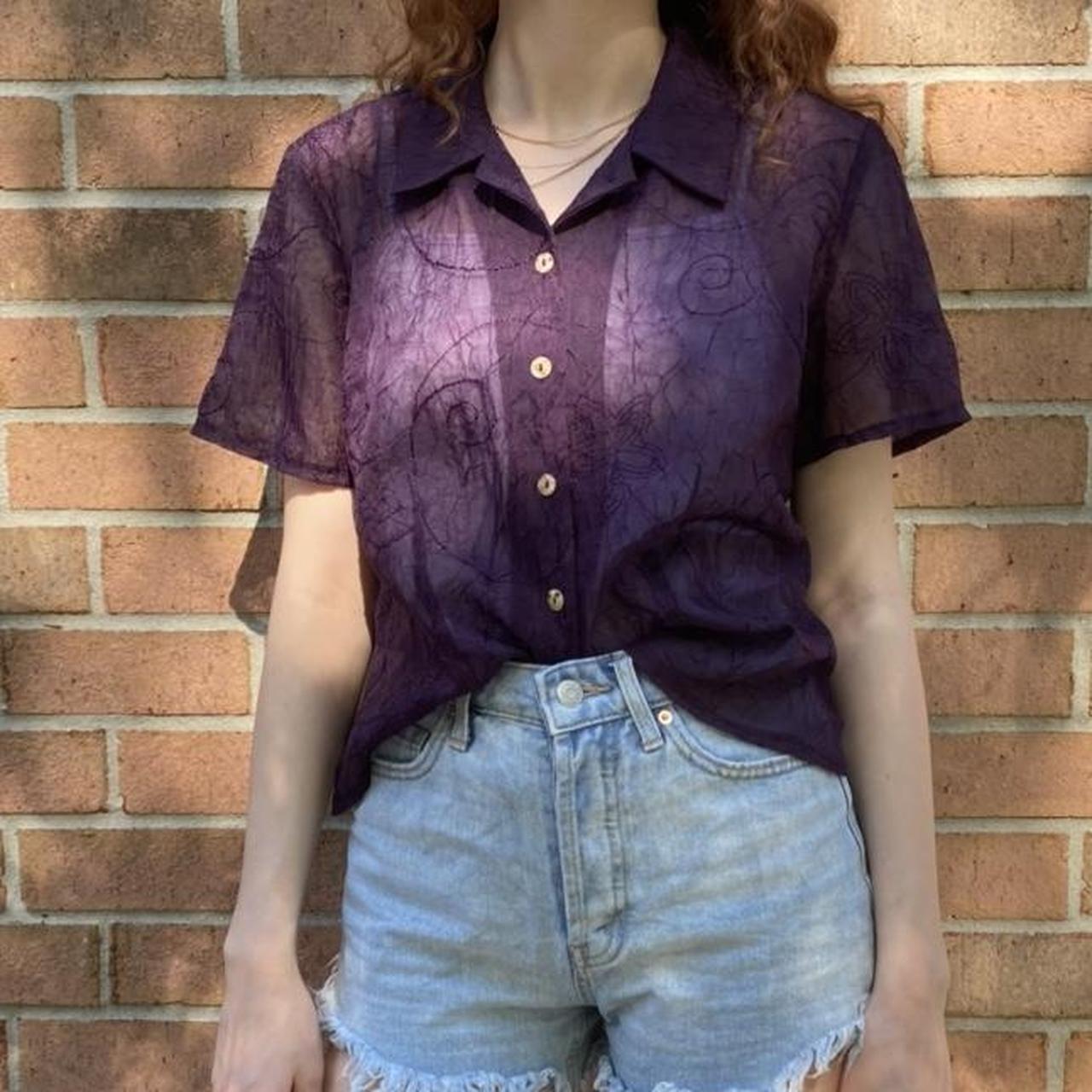 Vintage sheer purple button up shirt with floral... - Depop