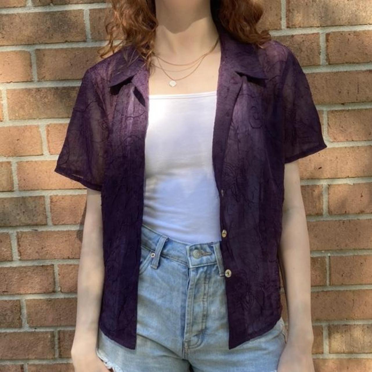 Vintage sheer purple button up shirt with floral... - Depop