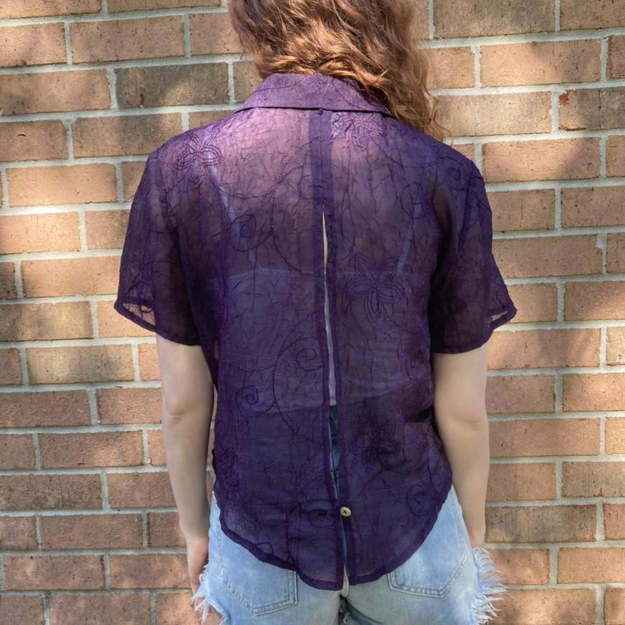 Vintage sheer purple button up shirt with floral... - Depop