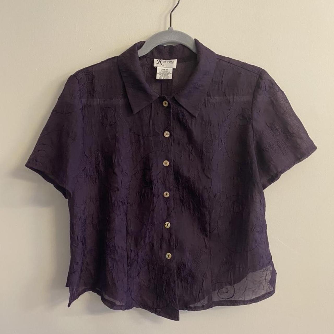 Vintage sheer purple button up shirt with floral... - Depop