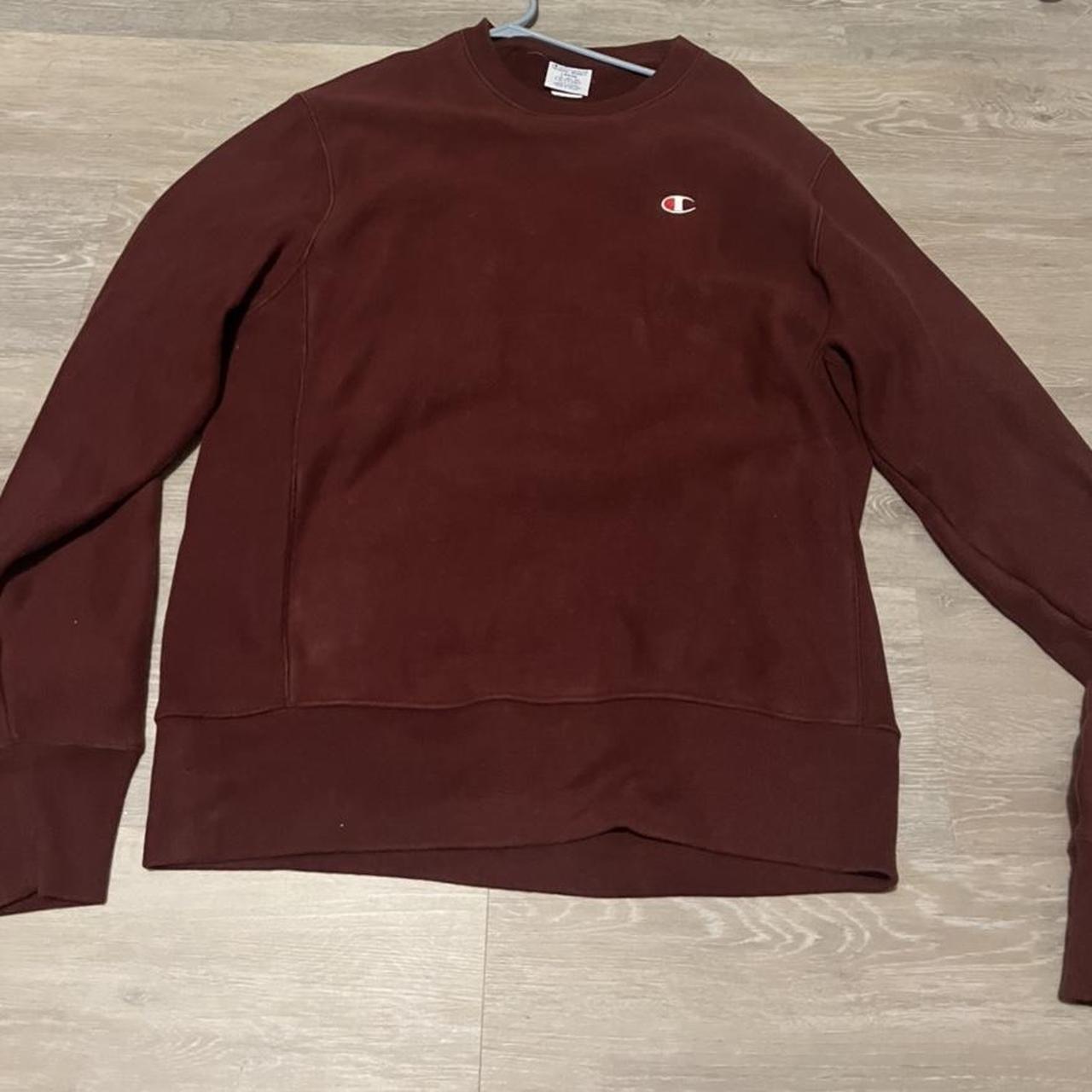 burgundy large champion crew neck in perfect... - Depop
