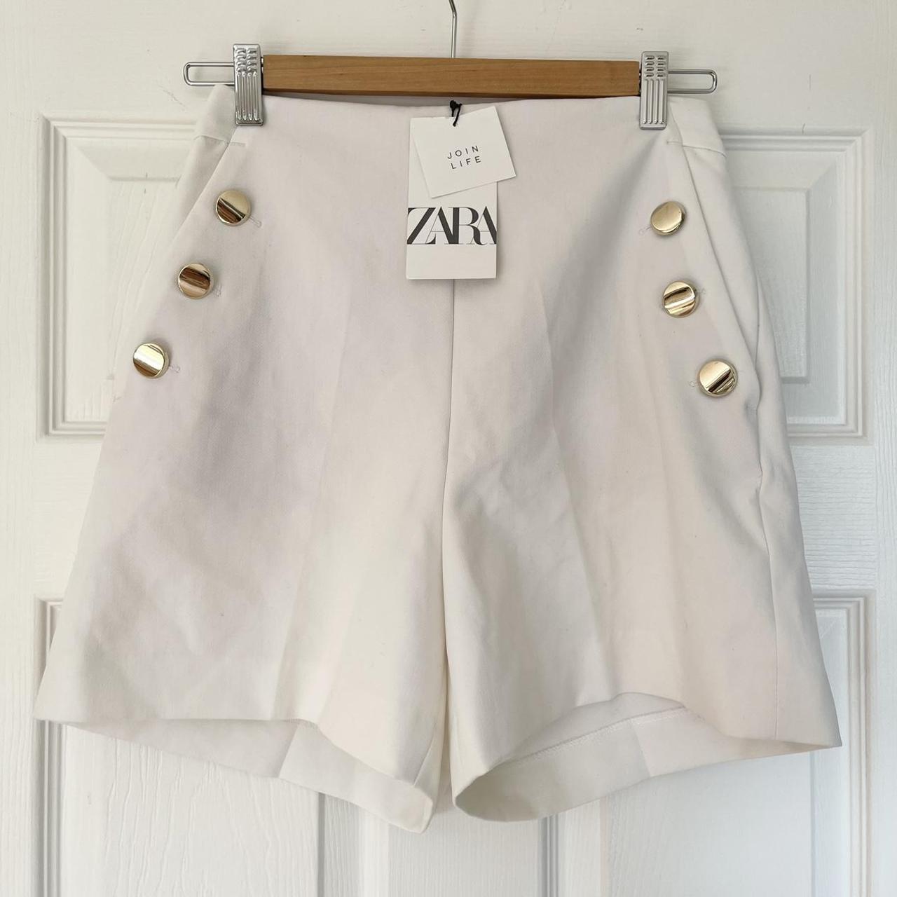Zara white tailored shorts with gold buttoned... - Depop
