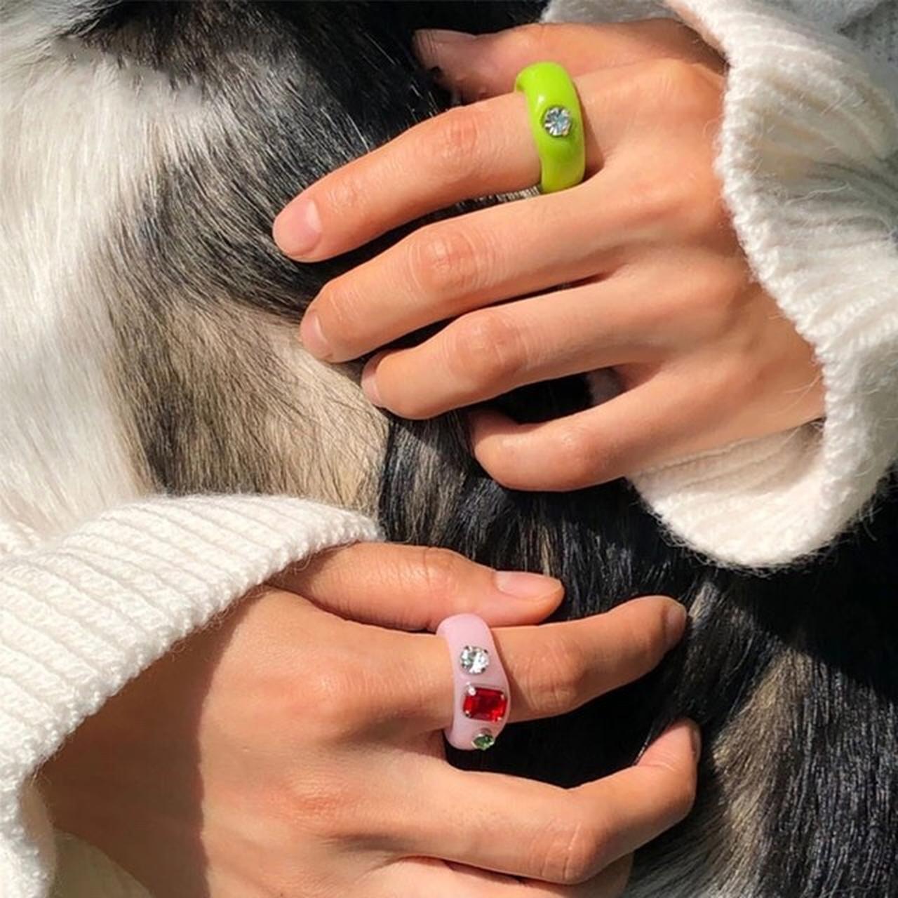Pink resin plastic chunky ring with red green... - Depop