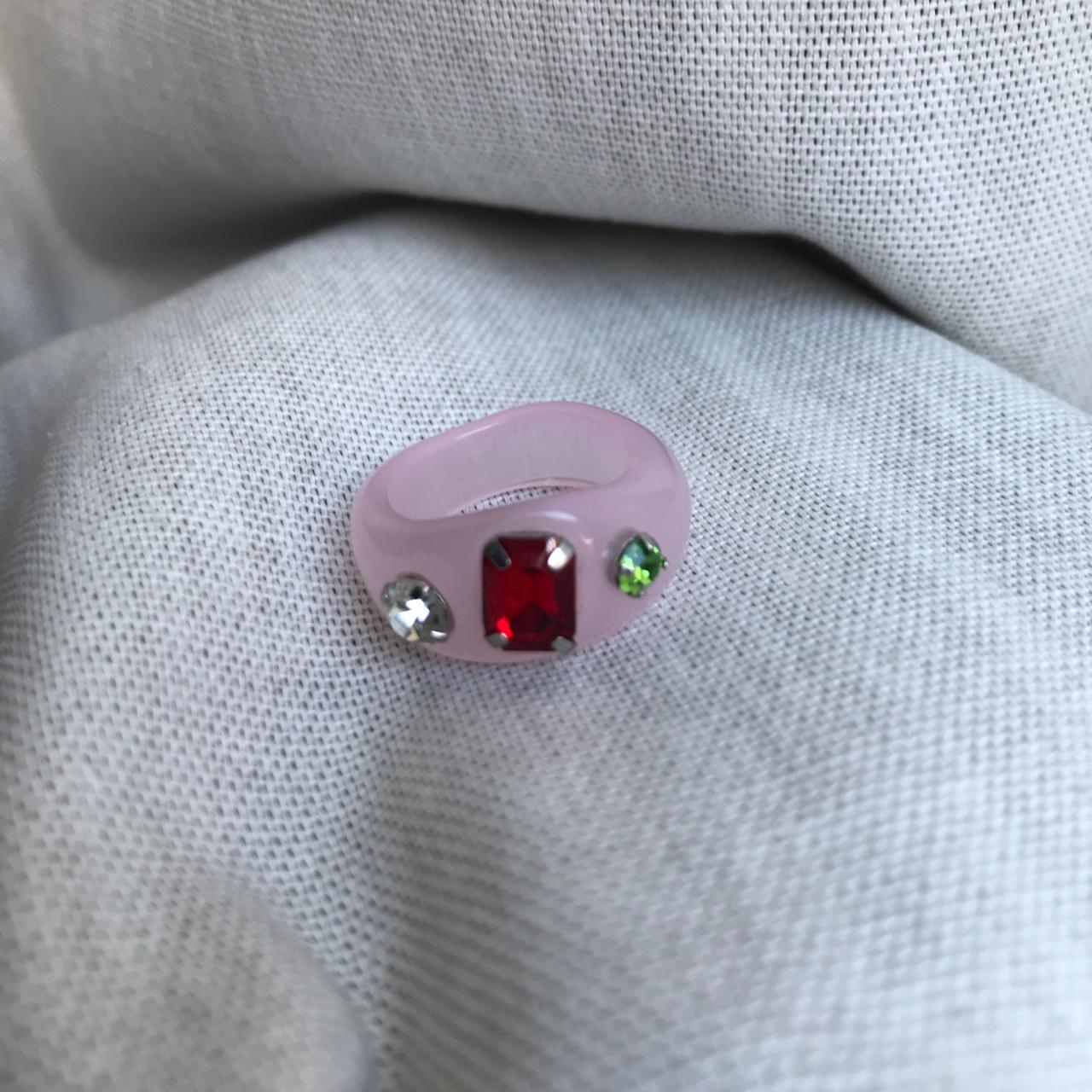 Pink resin plastic chunky ring with red green... - Depop