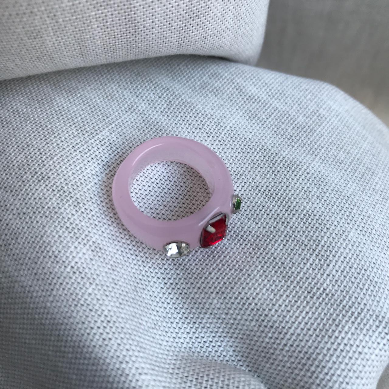 Pink resin plastic chunky ring with red green... - Depop