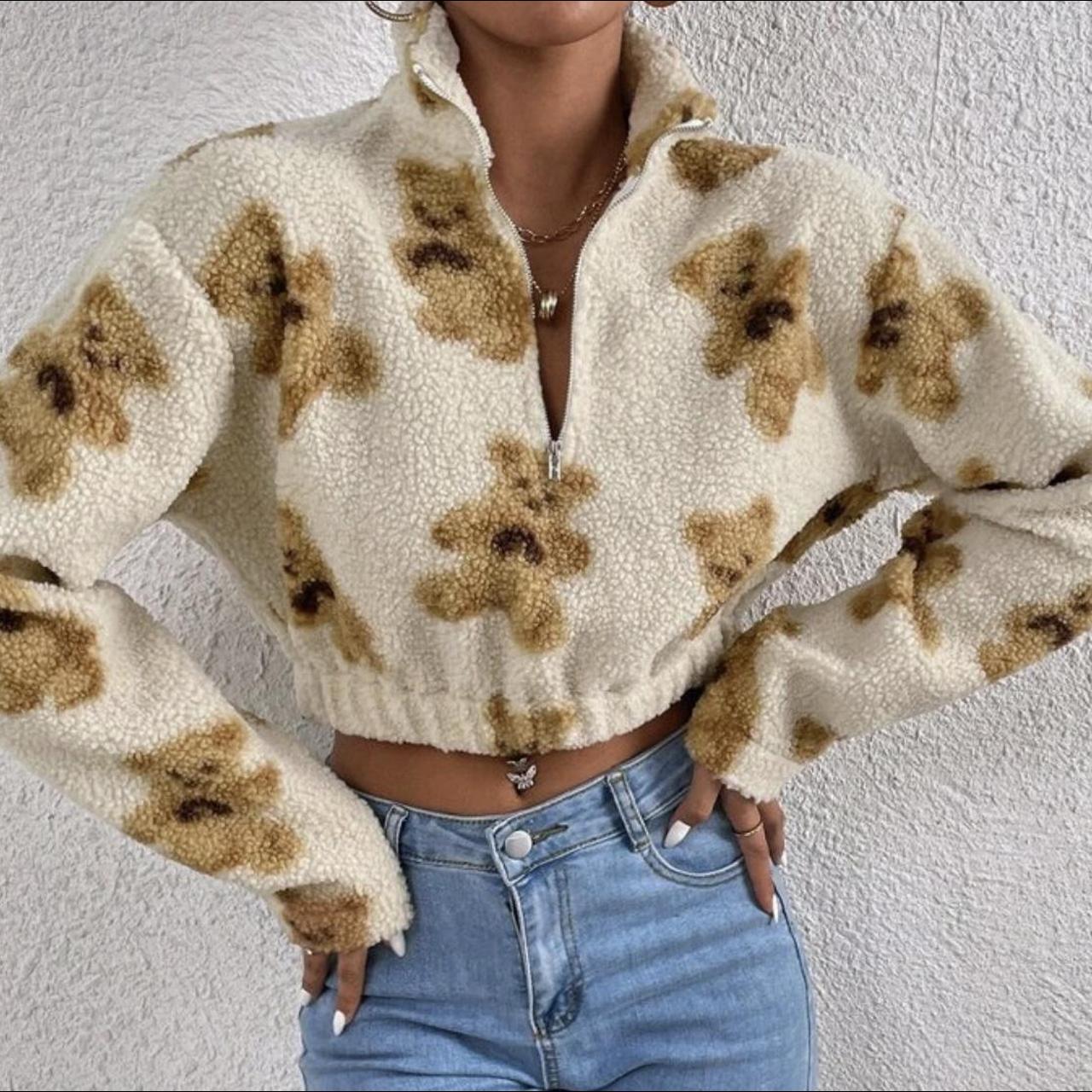 Womens teddy bear half zip crop top sweatshirt... - Depop