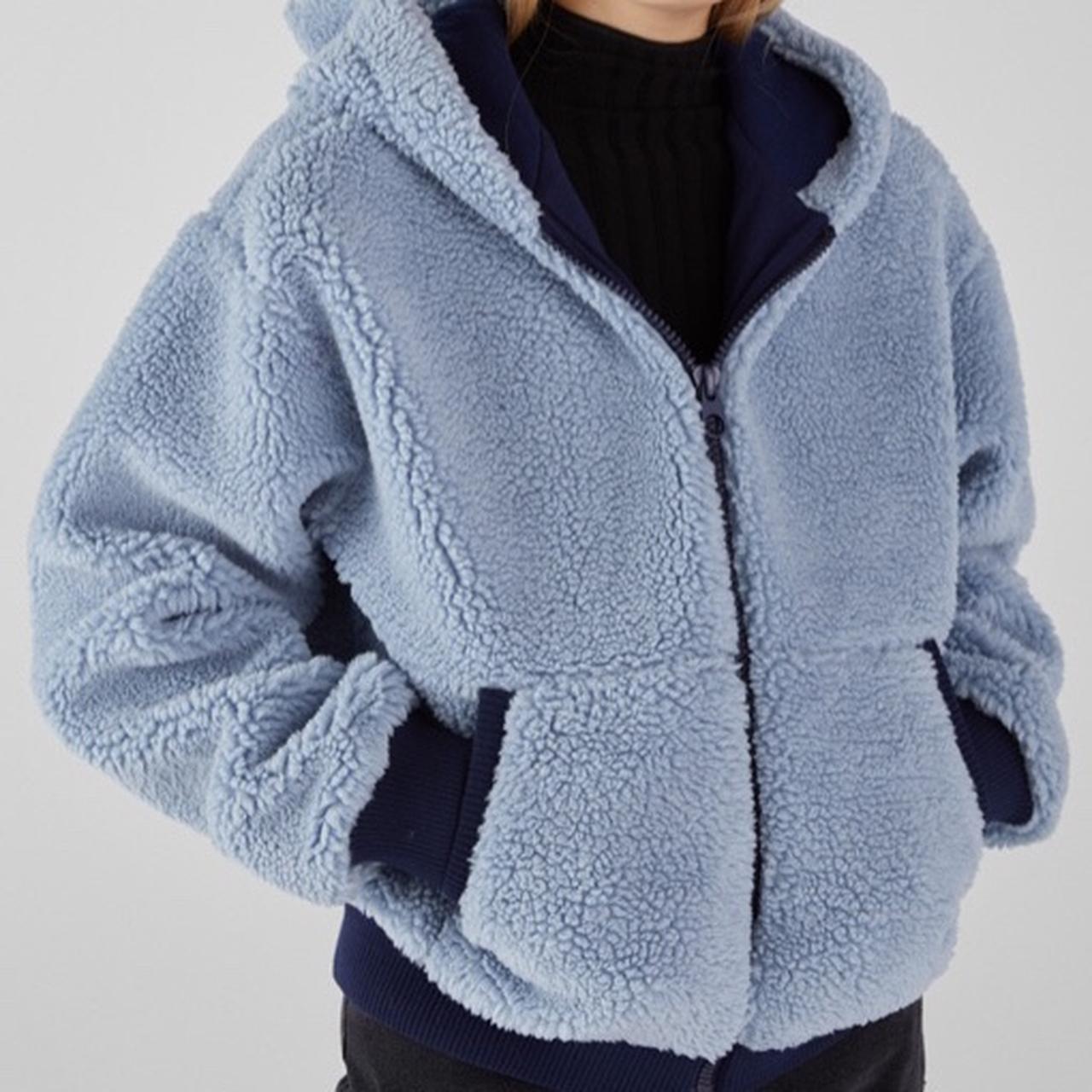 Bershka Fluffy Blue Teddy Jacket size Medium (also... - Depop